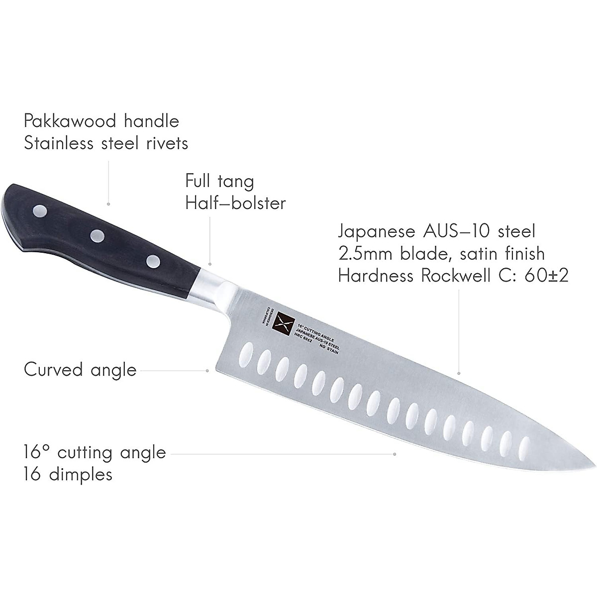 Fortune Candy 8 Inch Chef’s Knife - Japanese AUS-10 Stainless Steel Kitchen Knife - Full Tang, Classic Handle (Silver)