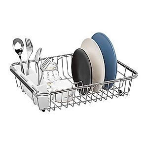 SANNO Dish Drying Rack, Expandable Dish Drainer Over Sink Kitchen Sink Grate Sink Protector for Kitchen Organization Stainless Steel