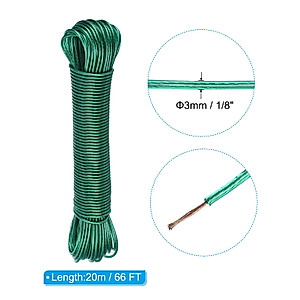 PATIKIL Plastic Coated Clothesline, 1/8 Inch x 66 FT Extra Strong Steel Core Clothes Lines Wire for Drying Clothes, Outside Hanging, Green