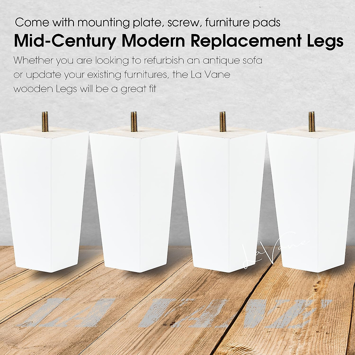 La Vane 6 inch Wooden Furniture Legs, Set of 4 Solid Wood Square White Mid-Century Modern Replacement Bun Feet with Pre-Drilled 5/16 Inch Bolt & Mounting Plate & Screws for Couch Sofa Armchair