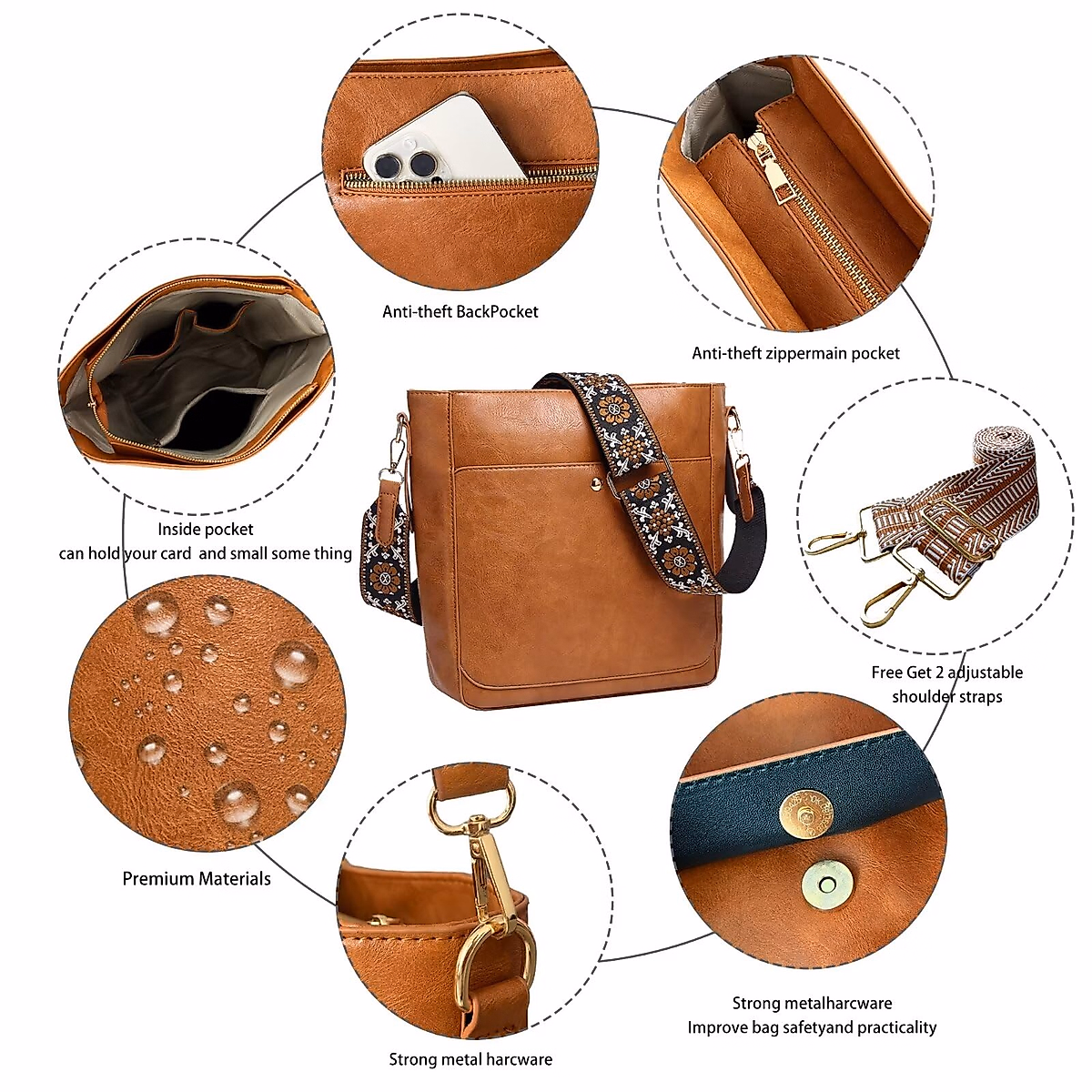 JCWhome Crossbody Bags for Women Trendy Vegan Leather Women's Hobo Handbags Purses Shoulder Bucket Bags with 2PCS Adjustable Guitar Straps