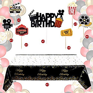 86 Pcs Movie Night Party Decorations Kit, Include Movie Night Themed Large Backdrop Movie Night Colorful Balloons Movie Night Table Cover Cake Topper for Movie Night Party Red Carpet Party Supplies
