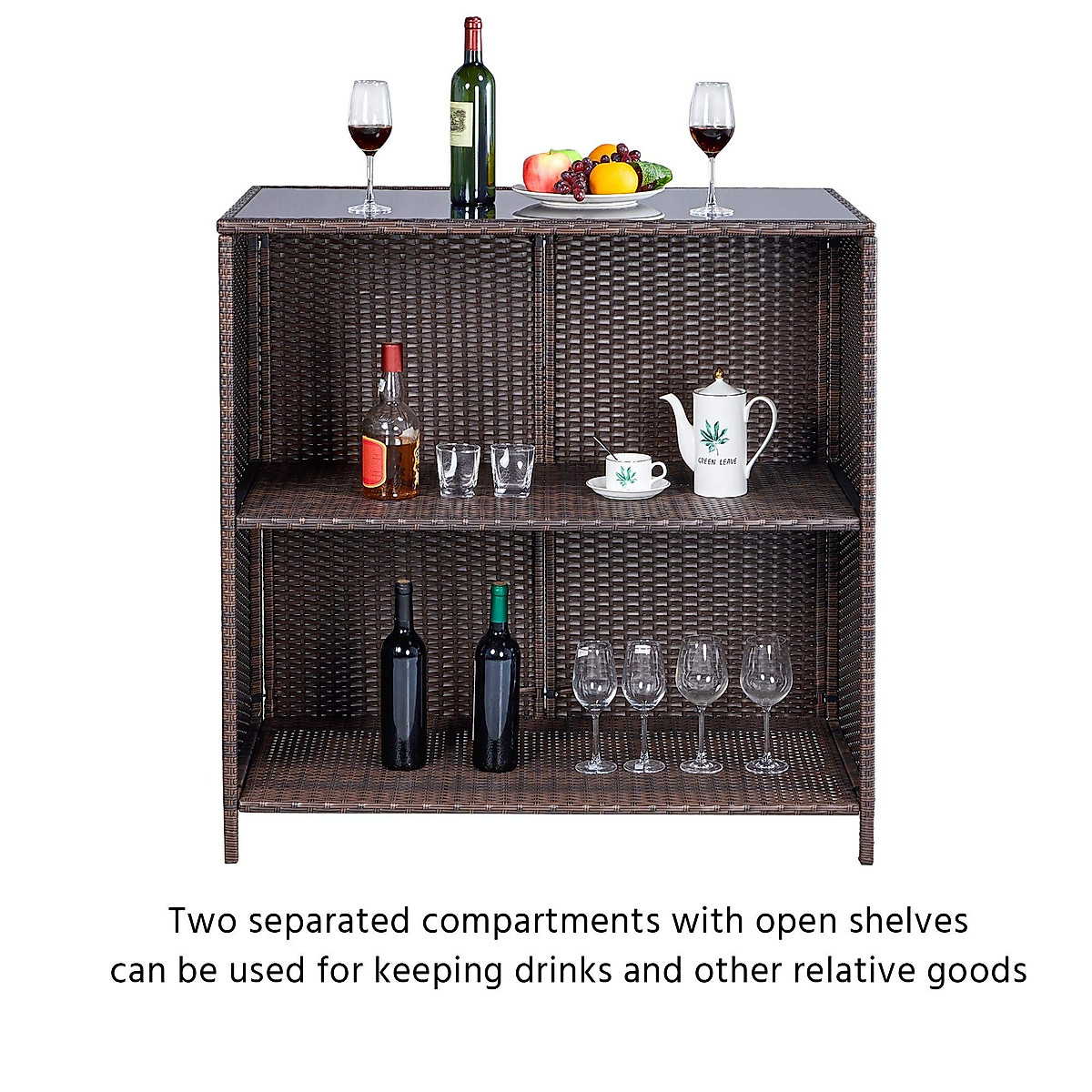Yaheetech 3pcs Patio Bar Set, Outdoor Wicker Bar Furniture with 2 Storage Shelves, Glass Top Table, Removable Cushions and Two Stools for Backyards, Porches, Gardens or Poolside