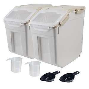 2 Pack Rice Container 25 lbs, 15KG Airtight Flour Storage Containers Bin with Wheels Seal Locking Lid, BPA Free, Measuring Cup & Scoop, Grain Container for Bulk Sugar, Cereal, Beans (Grey)
