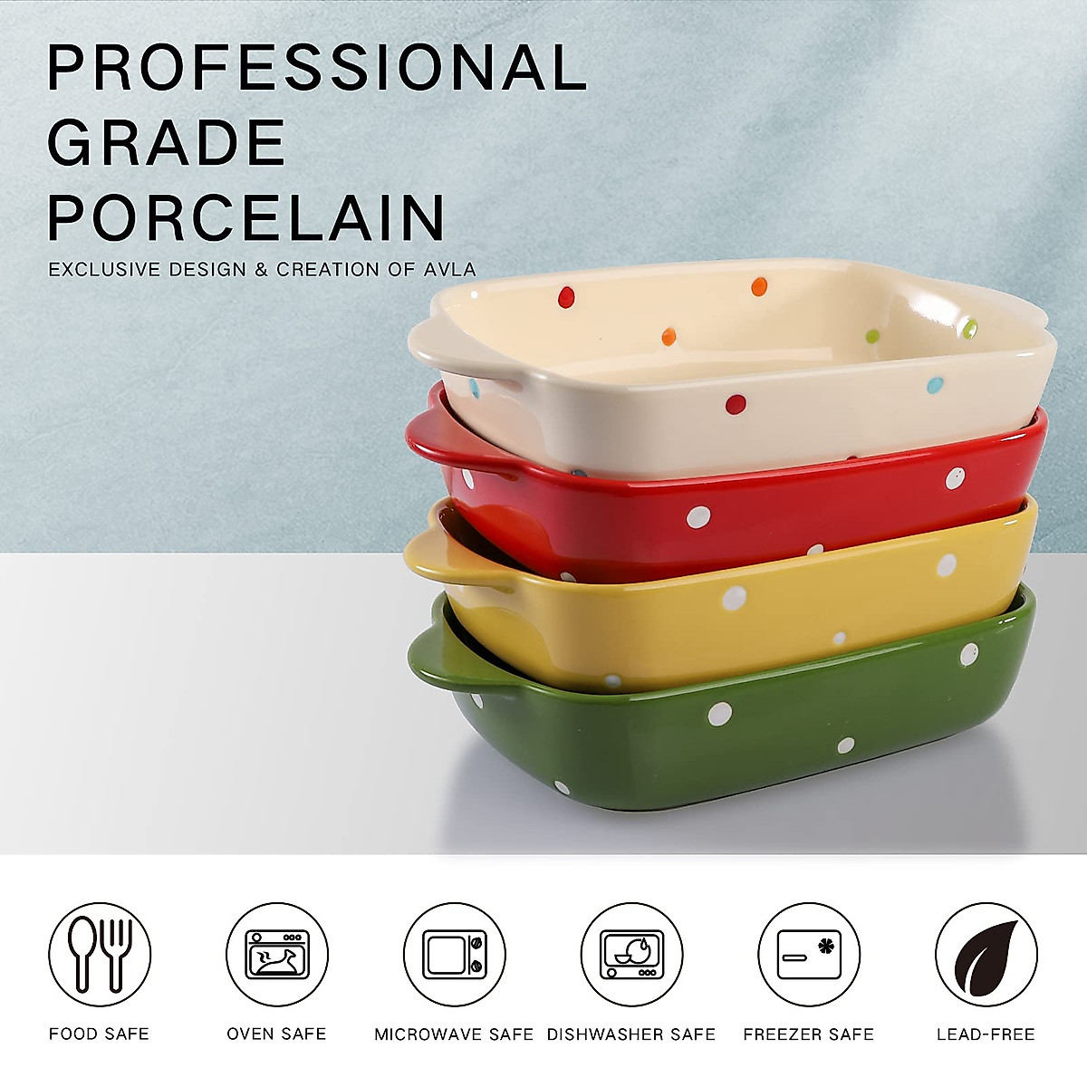 AVLA 4 Pack Porcelain Baking Dish, 7 Inch Ceramic Rectangular Small Baking Pan Baking Ramekin with Double Handles, 18 OZ Individual Baking Pans for Lasagna, Casserole Dish, Polka Dot