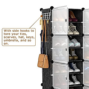 KOCASO 16-Pair Portable Shoe Rack Organizer, 8-Tiers Storage Cabinet, Stand Space-saving Shoe Organizer for Sneakers, Heels, Slippers and Boots, Black shoe cabinet with Translucent Doors
