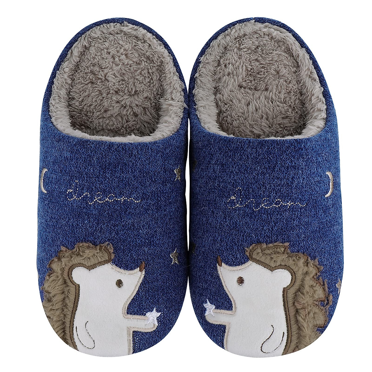 shevalues Fur Lined Animal Slippers for Kids Cute Girls Boys Unicorn Hedgehog House Shoes Fuzzy Embroidered Indoor Slippers Women, Navy Hedgehog, Size 1-1.5 Little_kid