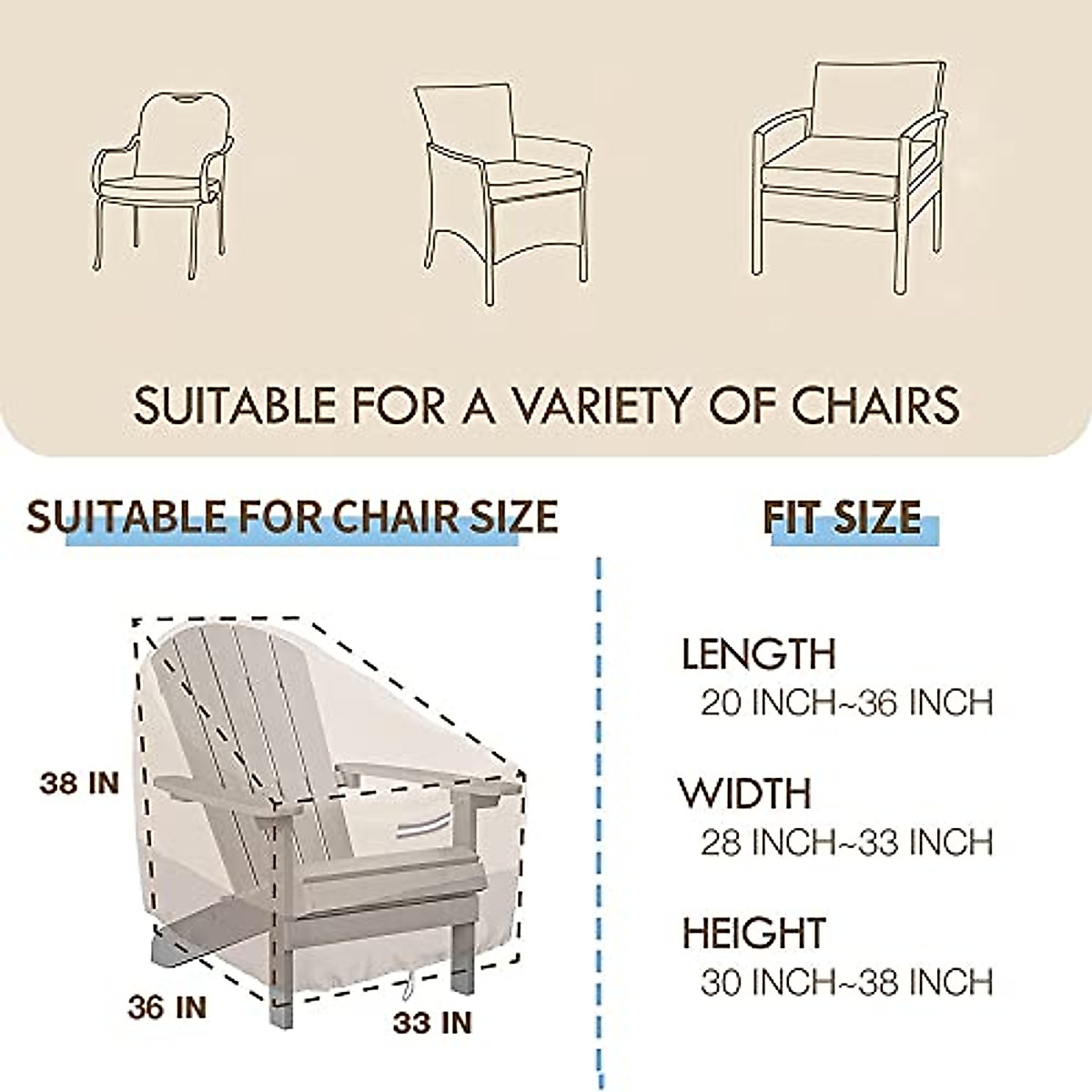 YEFU Patio Chair Cover–Adirondack, Thickened 600D, New Knitting Process, Waterproof Clearance, Outdoor Patio Furniture Covers, Not Easy to Crack/Tear, for Lawn, Deck, Outdoor Seating
