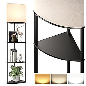 addlon 4-Tier Sector Corner Shelf Floor Lamp with 3 Color Temperatures LED Bulb and White Display Lamp Shade with Shelves for Living Room, Bedroom and Office - Black