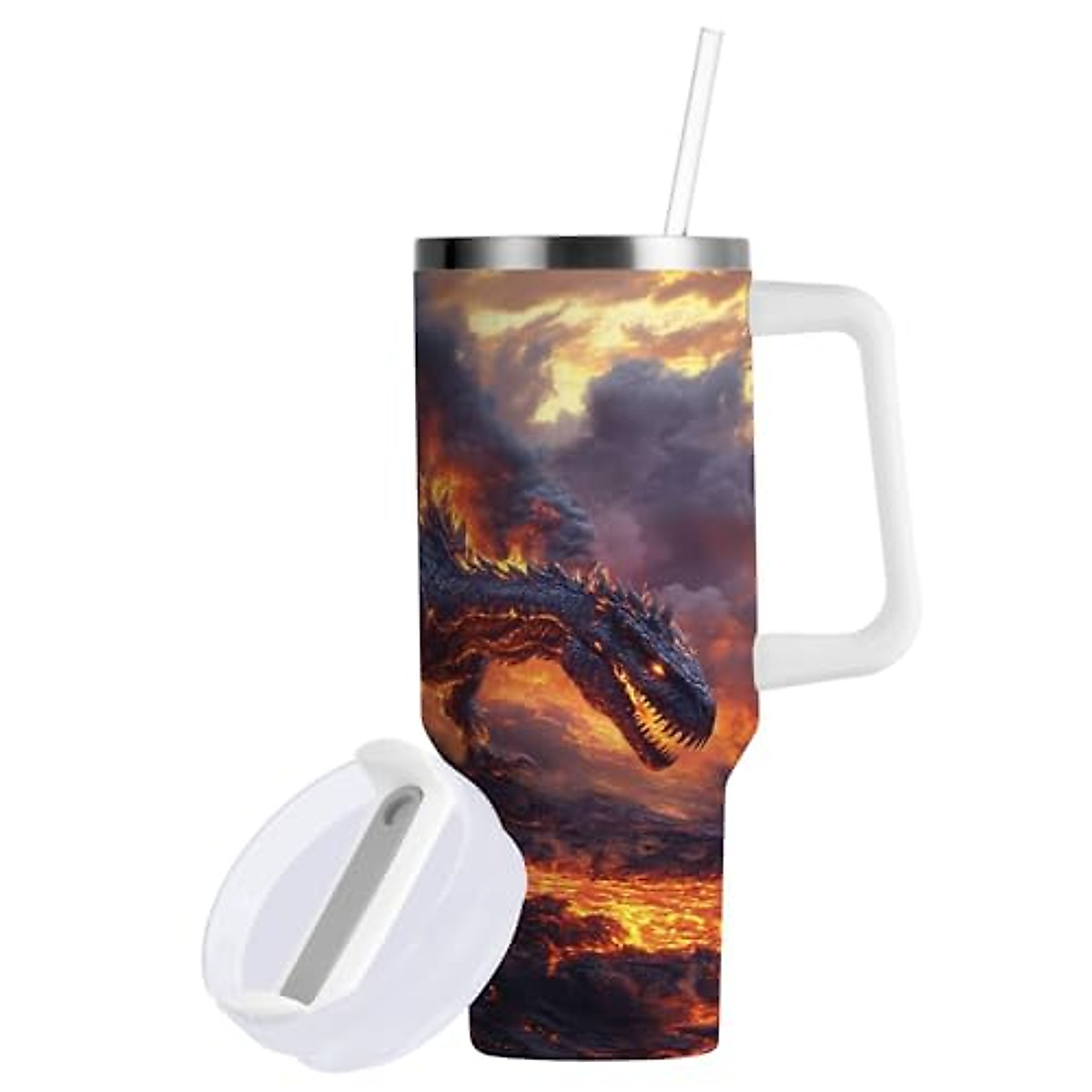 Slewiaeky Tumbler with Handle 40 oz Forest Dinosaur Cartoon T Rex Travel Mug with Lid and Straw Stainless Steel Vacuum Insulated Water Bottle Cup for Iced Tea Coffee Cold Beverages Cup Holder Friendl