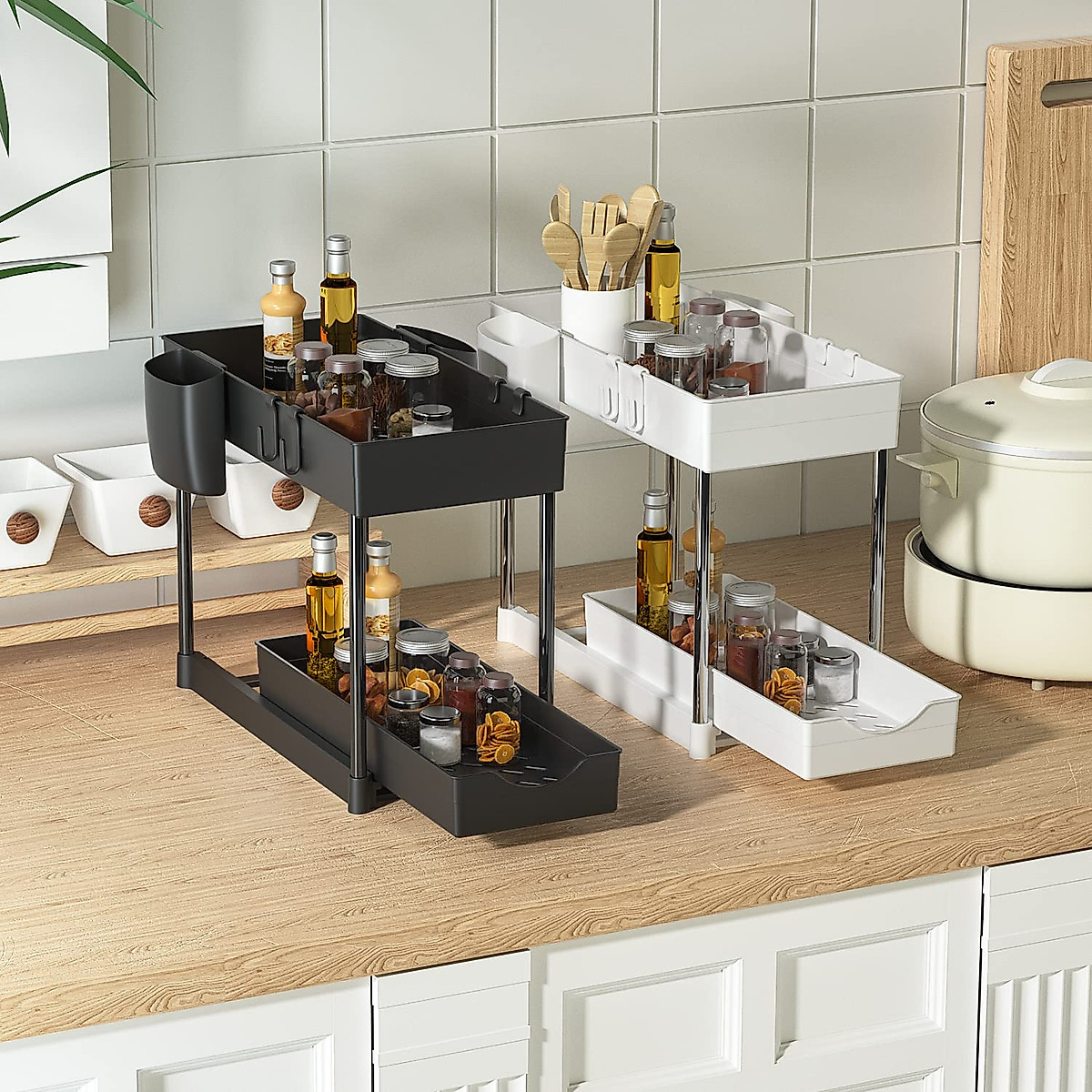 MFTEK 2 Pack Under Sink Organizers and Storage with Pull Out Drawer, 2-Tier Under Cabinet Organizer Sliding Baskets Shelf Holder for Bathroom Kitchen, Black & White