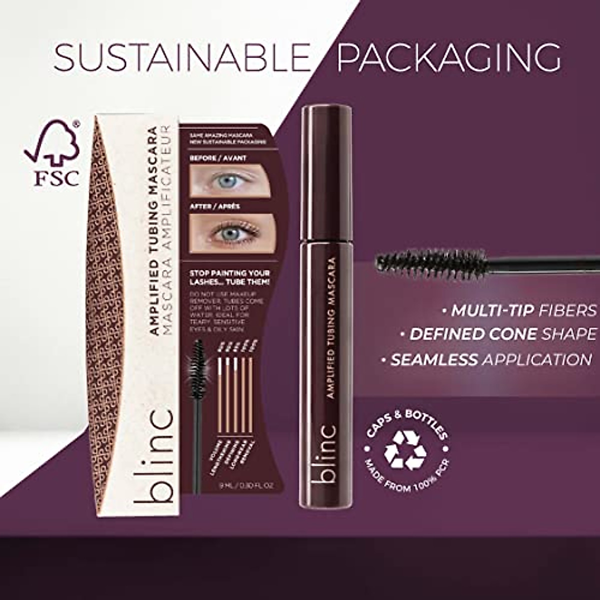 Blinc Amplified Tubing Mascara, Ultra-Longwearing Washable Mascara, Soft-Glam Volumizing, Lengthening and Defining Mascara, Gluten-Free and Cruelty-Free, Black, 9mL / 0.30 Fl. OZ