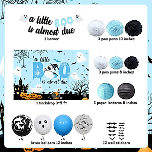 JOYMEMO Halloween Baby Shower Decorations Boy - A Little Boo is Almost Due Backdrop with Banner Blue and Black, Paper Lanterns Pom Poms, Bat Wall Stickers for Pregnancy Celebration Newborn Party