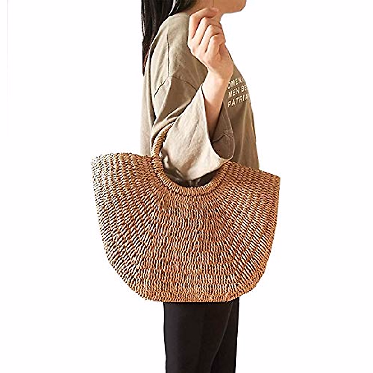 Straw Bag for Women Large Woven Bag Round Handle Ring Tote Retro Purse Hobo Summer Beach Bag (Coyote brown)