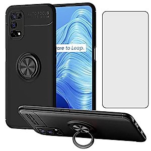 Asuwish Phone Case for Oppo Realme 7 Pro with Tempered Glass Screen Protector Cover and Cell Accessories Stand Kickstand Ring Holder Soft TPU Silicone Rubber Protective Realme7 7Pro Women Men Black