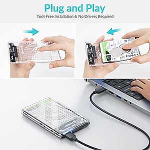 PHIXERO 2.5" Hard Drive Enclosure, 5Gbps USB 3.0 to SATA III Tool-Free External Hard Drive Enclosure for 2.5 inch 7mm/9.5mm SATA HDD & SSD [UASP Supported] Transparent