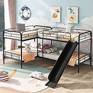 Tulib Twin Size L-Shaped Bunk Bed with Slide, Metal Bunkbed Frame w/Ladder & Safety Guardrail for 4, Bedroom, Home, No Spring Box Needed, Black