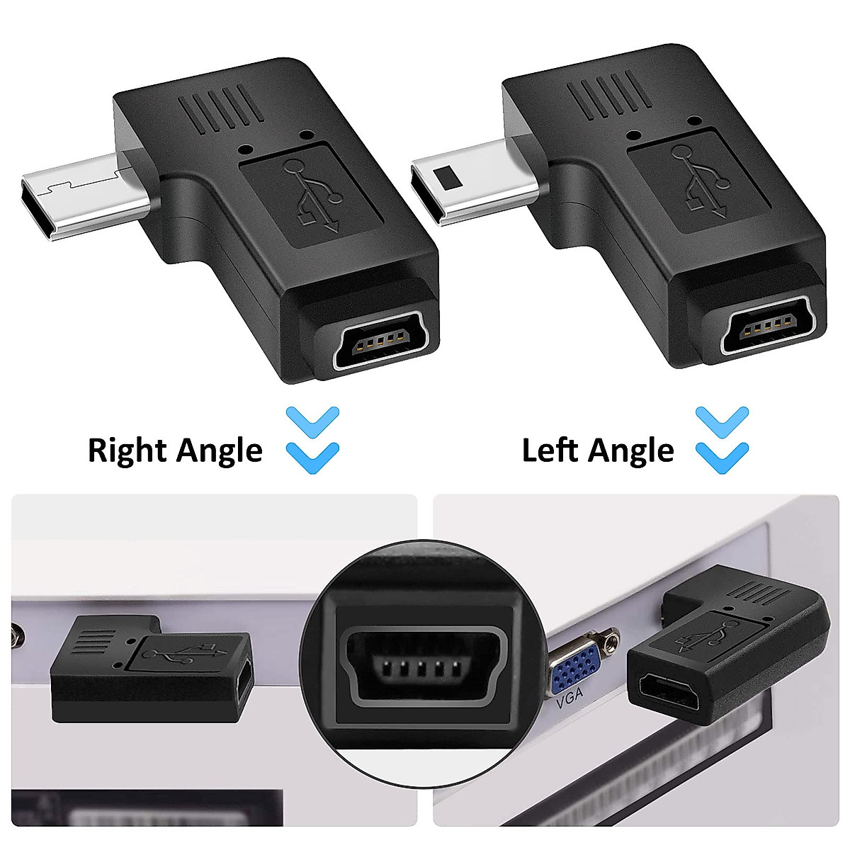 UCEC USB 2.0 Adapter Plug, Mini USB to Mini USB, Left and Right Angle Mini to Mini - Male to Female - Pack of 2