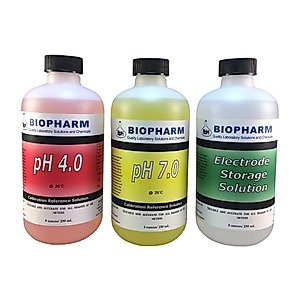 pH Buffer Calibration Kit 3-pack — 250 mL (8.4 fl oz) each: pH 4.00 Buffer, pH 7.00 Buffer, Electrode Storage Solution — For Precise and Accurate Calibrations — Designed for Hydroponics and Aquaponics