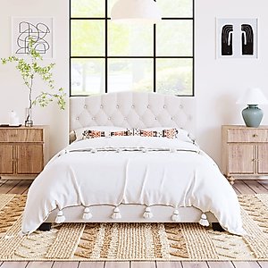 Queen Size Bed Frame, Modern Luxury upholstered Platform Bed with headboard, Heavy Duty Button Tufted Bed Frame, Wooden Slat Support, Easy to Assemble, no Need for Box Springs (Beige)