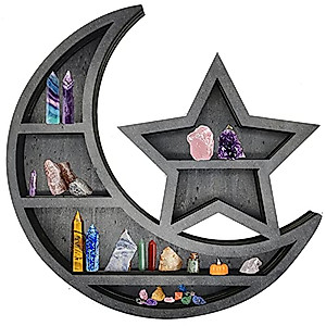 Wooden Moon Shelf, Durable Pine Floating Shelves Engraved Moon Design Shelf for Crystal Essential Oil Display Home Decor-Moon Star04