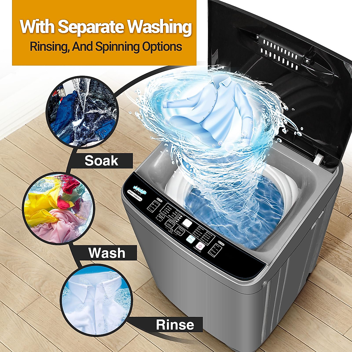 Full-Automatic Washing Machine, 17.7lbs Portable Washing Machine with Led Display, Portable Washer for Household 10 Wash Programs,Small Washing Machine for Apartment, Home, Dorm, RV(Grey)