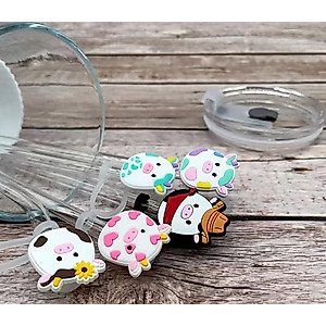 Straw Cover Cap for Stanley Cup 30 Oz 40 Oz Tumblers - 10mm Cute Cow Straw Tips Covers,Silicone Straw Toppers, Funny Animals Straw Covers Cap Plugs,Anti-dust Straw Tip Drinking Straw Tips Lids