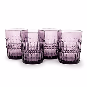 American Atelier Vintage Old Fashion Whiskey Glasses, 10 Oz, Romantic Water Tumblers, Barware Glasses for Scotch, Bourbon, or Cocktails, Embossed Purple Beaded Glasses-Set of 4