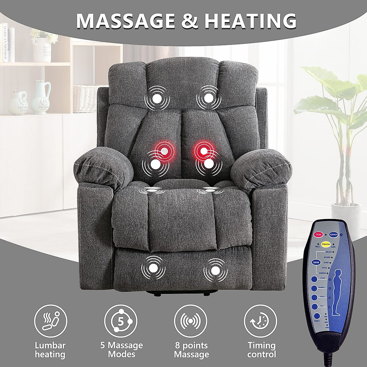 CANMOV Large Power Lift Recliner Chairs with Massage and Heat for Elderly Big People, Heavy Duty Motion Reclining Mechanism-Anti Skid Fabric Recliner Chair with 2 Concealed Cup Holders,Dark Gray