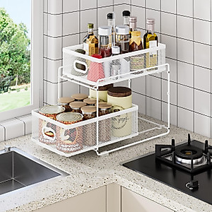 Wkokos 2 Tier Under the Sink Organizer Sliding Metal Basket, Adjustable Mesh Cabinet Storage Organizer -Ideal for Office, Kitchen, Bathroom, White