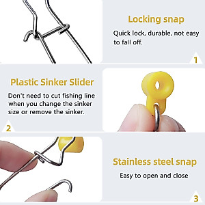 Tenalleys 40Pcs Stainless Steel Fishing Line Sinker Slides Catfishing Rig with Duo Lock Snaps Heavy Duty Sinker Slider Swivel Snap Kit for Fishing Tackle (Yellow)