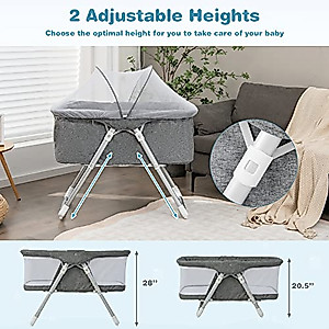 HONEY JOY Baby Bassinet, 2 in 1 Rocking Cradle Bassinet & Bedside Sleeper Bassinet, Quick-Fold Newborn Portable Bassinet w/Canopy & Mattress, Carry Bag, Travel Bassinet for Infant Girls Boys (Gray)