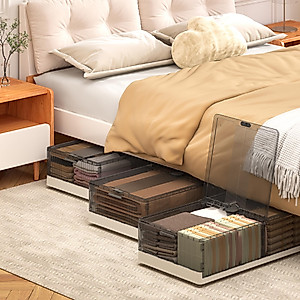 eShelf Under Bed Storage with Wheels, 3 Pack 27Gal Stackable Under Bed Storage Containers, Foldable Organizer Storage Bins with Lids, Collapsible Storage Drawers for Clothes, Bed Sheets, Shoes, Books