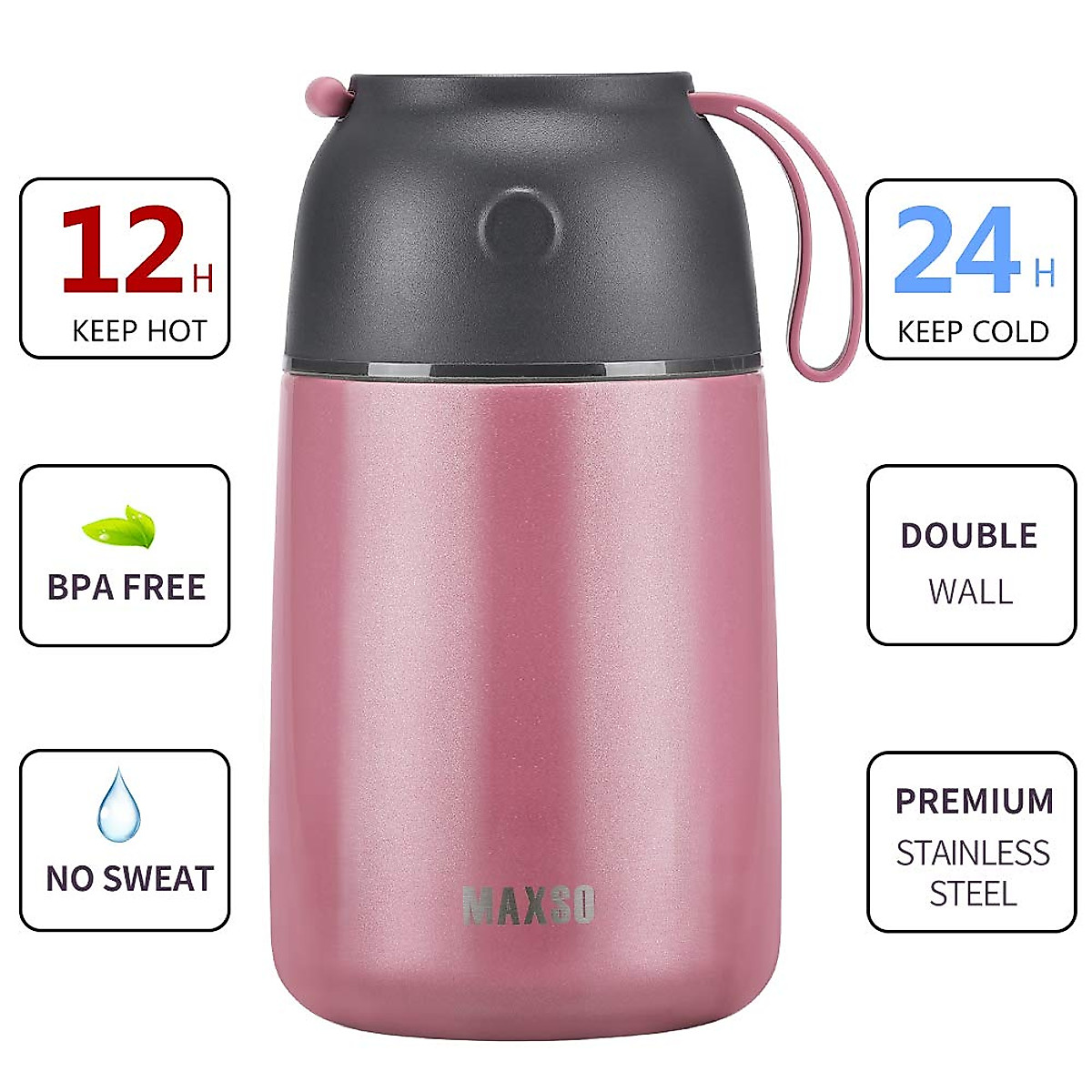 MAXSO 2 Pack Soup Thermo for Hot & Cold Food for Kids Adults, Vacuum Insulated Food Jar Thermal Lunch Containers, Travel Food Flask with Spoon (24 oz,17 oz) (Pink)