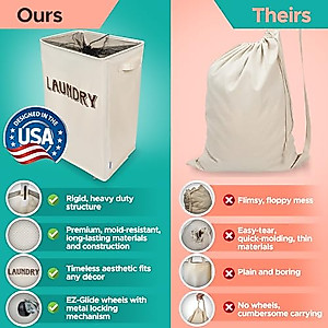 Wondersome Laundry Hamper with Wheels - Farmhouse Cream - 90-Liter Extra Large Collapsible Rolling Clothes Cart - Heavy Duty Locking Metal Wheel Tall Rectangular Canvas Storage Basket - US-Based Brand