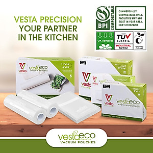 VestaEco Chamber Machine Vacuum Pouches - Certified Commercially Compostable - Flat and Clear Vacuum Sealer Bags - Great for Food Storage and Sous Vide - 8 x 12 inches - 50 Vacuum Seal Bags Per Box