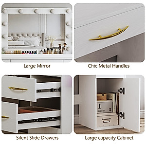 ALEXNUTRE Makeup Vanity Desk with Lights, Large Vanity Desk with Mirror and Lights in 3 Models, Vanity with Power Outlet, Vanity Desk with 5 Drawers, 2 Cabinets, Shelves, White Vanity for Bedroom