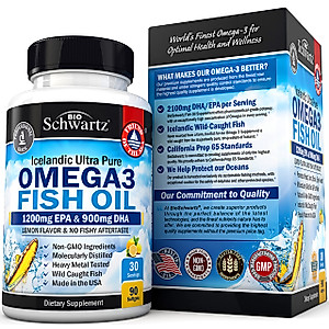 Omega 3 Fish Oil Supplement - 1200mg EPA and 900mg DHA Fatty Acid Per Serving - Supports Joint, Eyes, Brain & Skin Health - Burpless Lemon Flavor, Gluten-Free, 90 Softgels (Packaging May Vary)