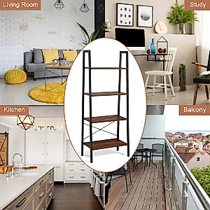 Giantex Ladder Shelf 4-Tier Industrial Bookshelf Storage Rack Shelves for Home and Office Use, Wood Display Rack with Metal Frame (Rustic Brown)