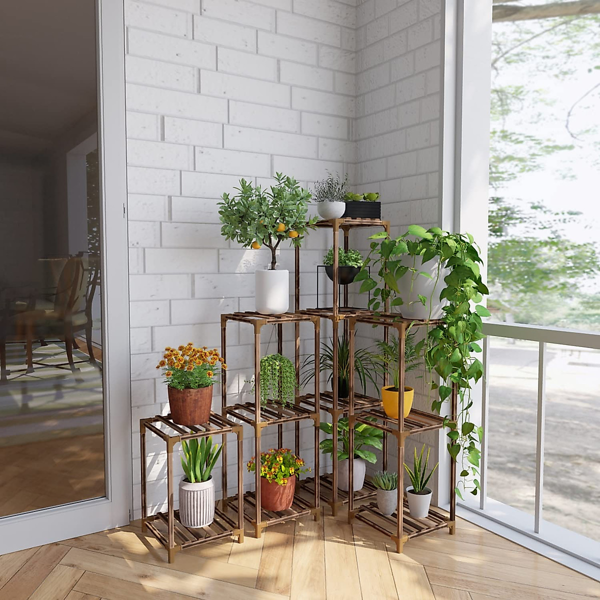 4 Pack Plant Stands Indoor, Flexible Combination Outdoor Wood Plant Stands for Multiple Plants, Plant Shelf Ladder Table Plant Pot Stand for Living Room, Patio, Balcony, Gardening Gift