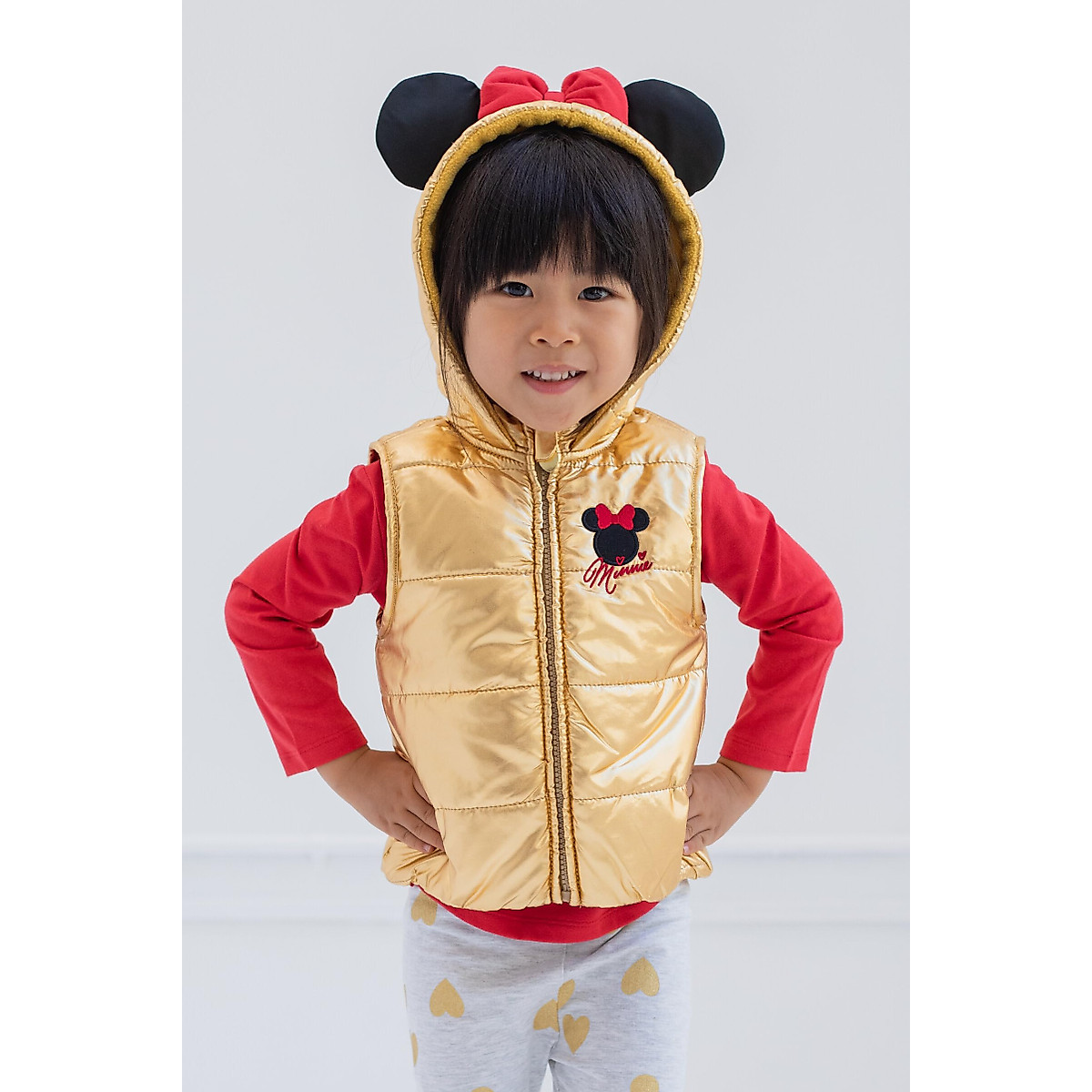 Disney Minnie Mouse Infant Baby Girls Zip Up Vest Puffer T-Shirt and Leggings 3 Piece Outfit Set Red/Yellow 18 Months