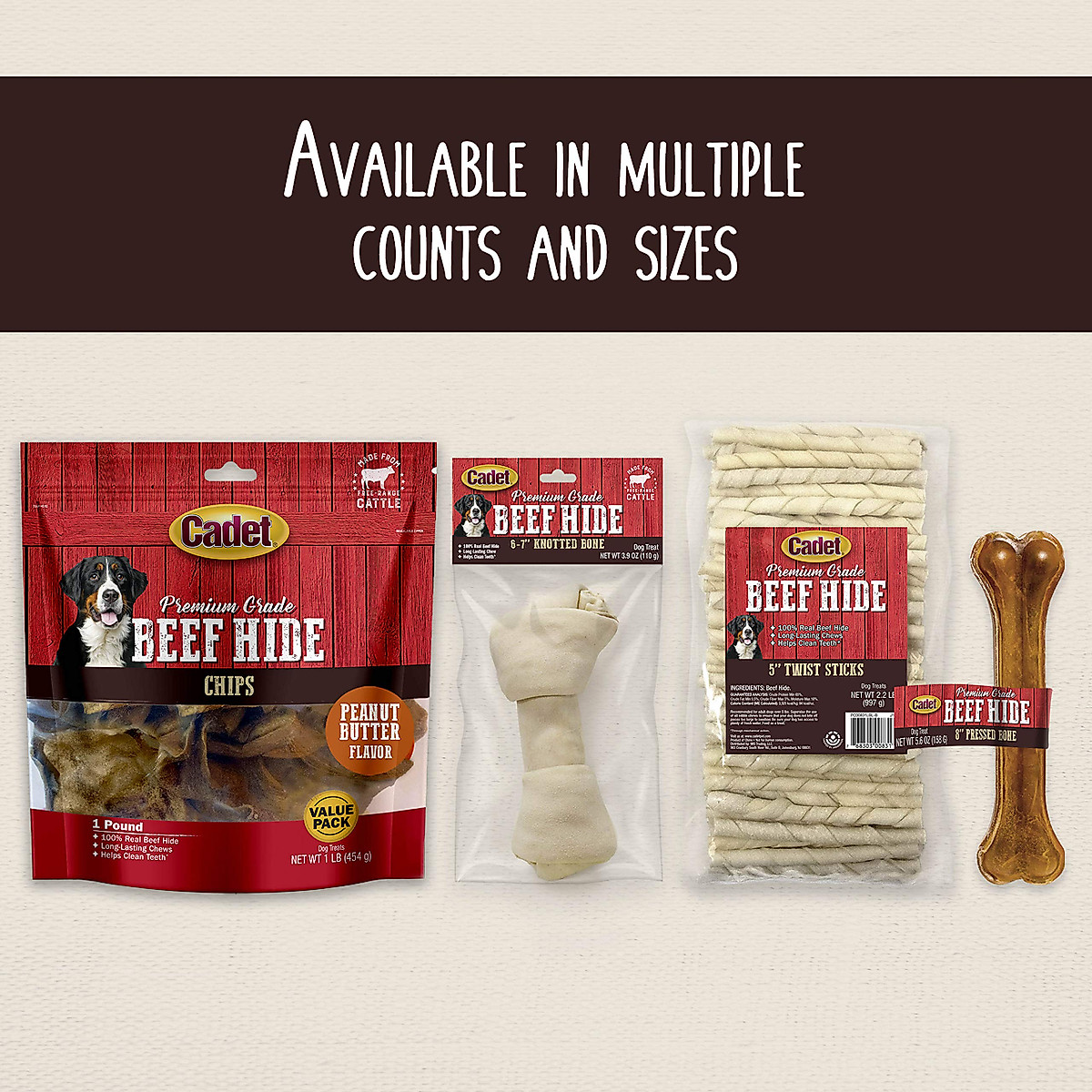 Cadet Beef Hide Knotted Dog Chews Bag 12-13"