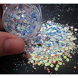 LuckForever 12 Colors Chunky Body Glitters Iridescent White Pink Purple Hexagon Nail Glitters Sequins Flakes Powder for Acrylic Nails Crafts Paints Resin Cosmetics