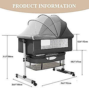 Kaptin Baby Bassinet Bedside Crib, Bedside Sleeper for Baby, Heigt Adjustable Crib with Wheels, Easy Folding Portable Baby Cradle with Large Storage Basket, for Infant/Baby/New Born (Grey)