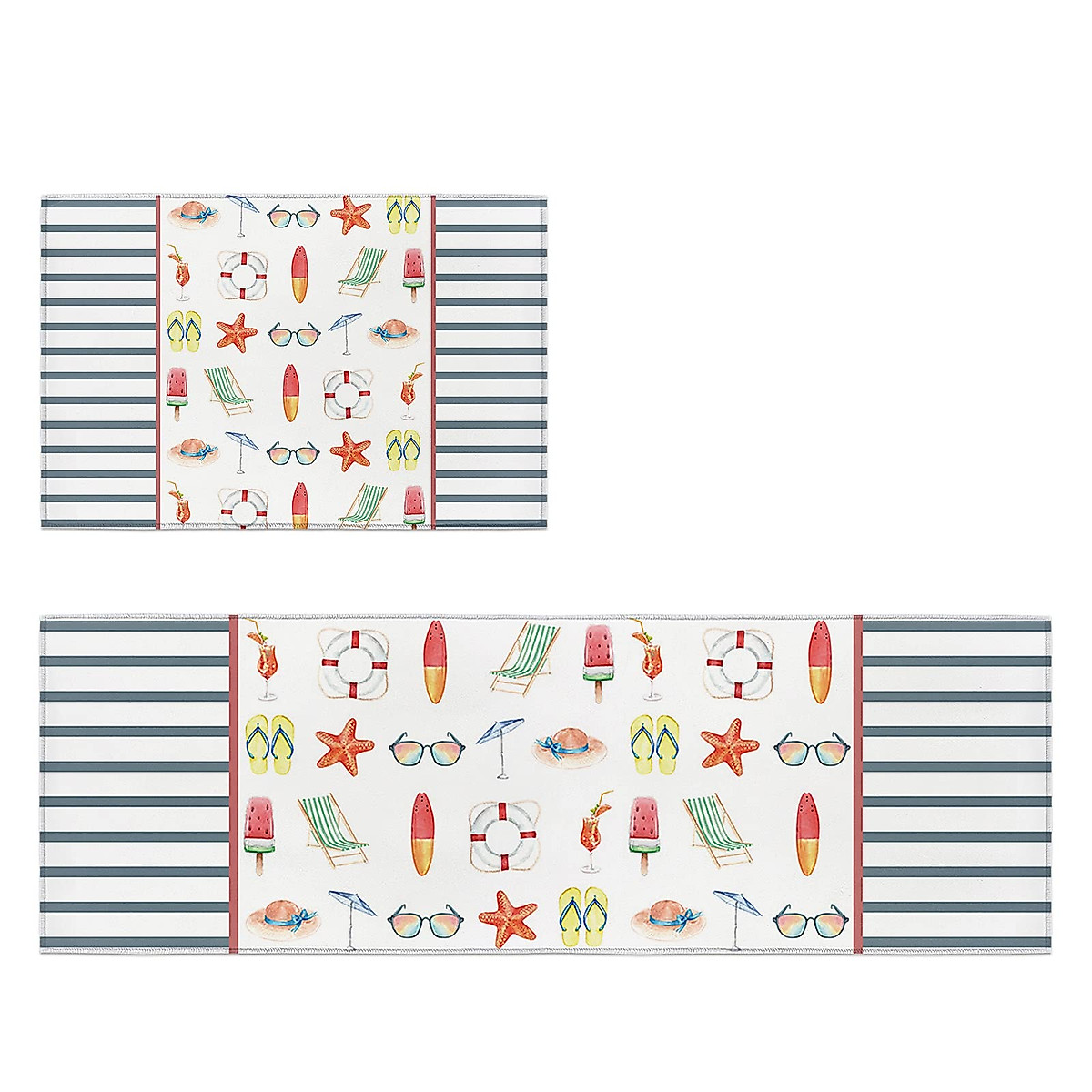IDOWMAT Kitchen Rug Sets of 2 - Absorbent Non-Slip Kitchen Mats Navy Blue Stripes Beach Swim Ring Ice Cream Sunglasses Floor Comfort Mats Doormat for Kitchen Office Laundry 15.7x23.6in + 15.7x47.2in