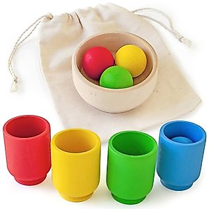 Ulanik Balls in Cups Starter Kit Toddler Montessori Toys for 1+ Year Old Kids Wooden Matching Game for Learning Color Sorting and Counting — 4 Balls, 1.18 in