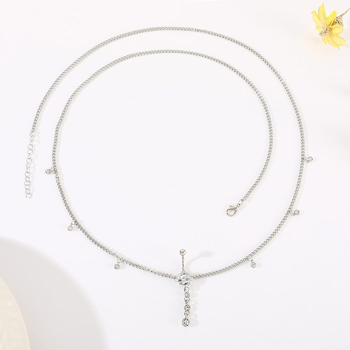Dresbe Rhinestone Belly Button Ring Silver Crystal Waist Chain Beaded Piercing Navel Sexy Body Chain Party Body Jewelry Accessories for Women and Girls BC116