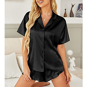 HOTOUCH Womens Silk Satin Pajamas Set Button Down Short Sleeve Sleepwear Set 2 Piece Ruffled Pjs Black, M