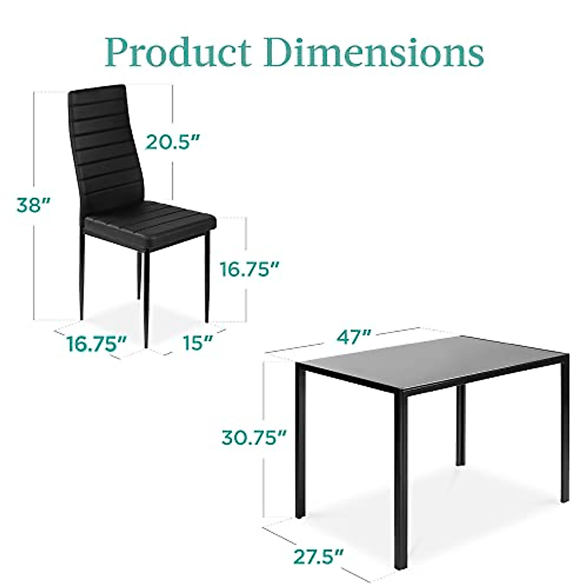 Best Choice Products 5-Piece Kitchen Dining Table Set for Dining Room, Kitchen, Dinette, Compact Space w/Glass Tabletop, 4 Faux Leather Metal Frame Chairs - Black
