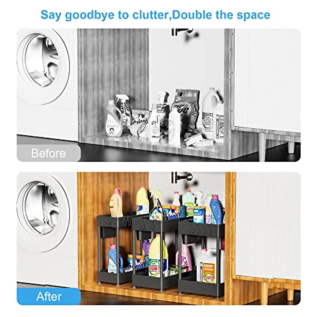 CuivnKak Under Sink Organizer, 2 Tier Under the Sink Organizer, Under Cabinet Organizer, Kitchen Sink Organizer, Bathroom Organizer Under Sink with 3 Hanging Cups and 12 Hooks, 3 Pack Black